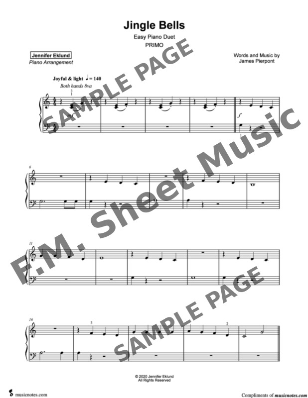 Jingle Bells (Easy Piano Duet) By - F.M. Sheet Music - Pop Arrangements ...