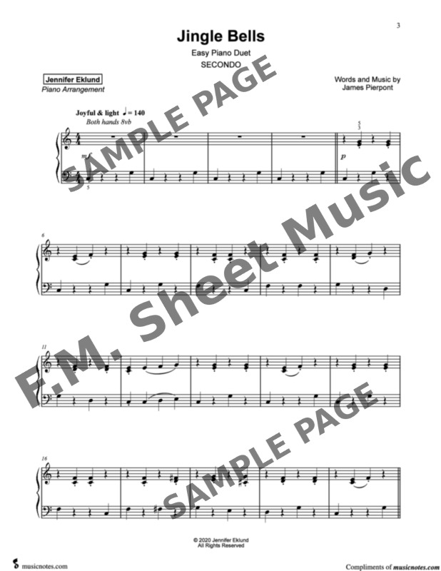 Jingle Bells (Easy Piano Duet) By - F.M. Sheet Music - Pop Arrangements ...