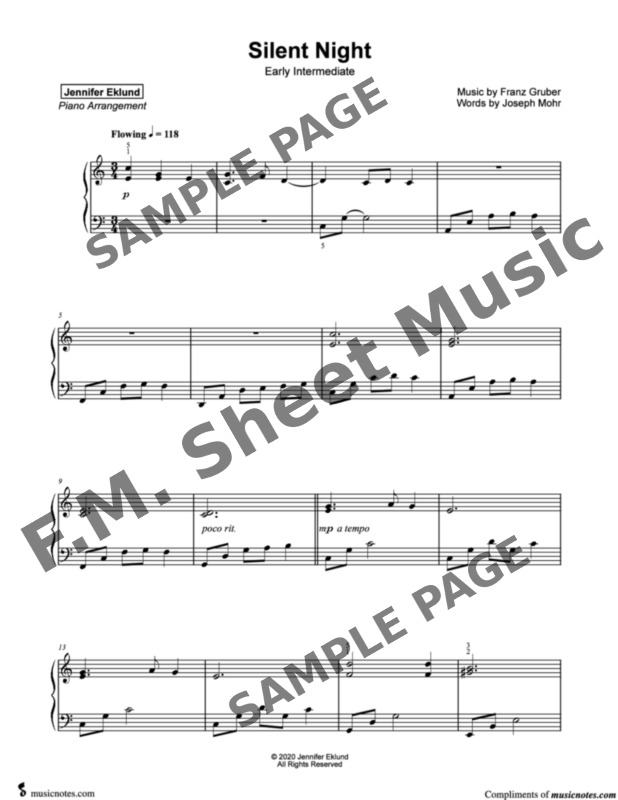 Silent Night (Early Intermediate Piano) By - F.M. Sheet Music - Pop ...