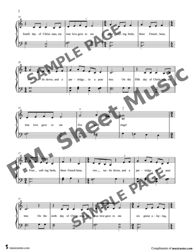 The Twelve Days of Christmas (Easy Piano) By - F.M. Sheet Music - Pop ...