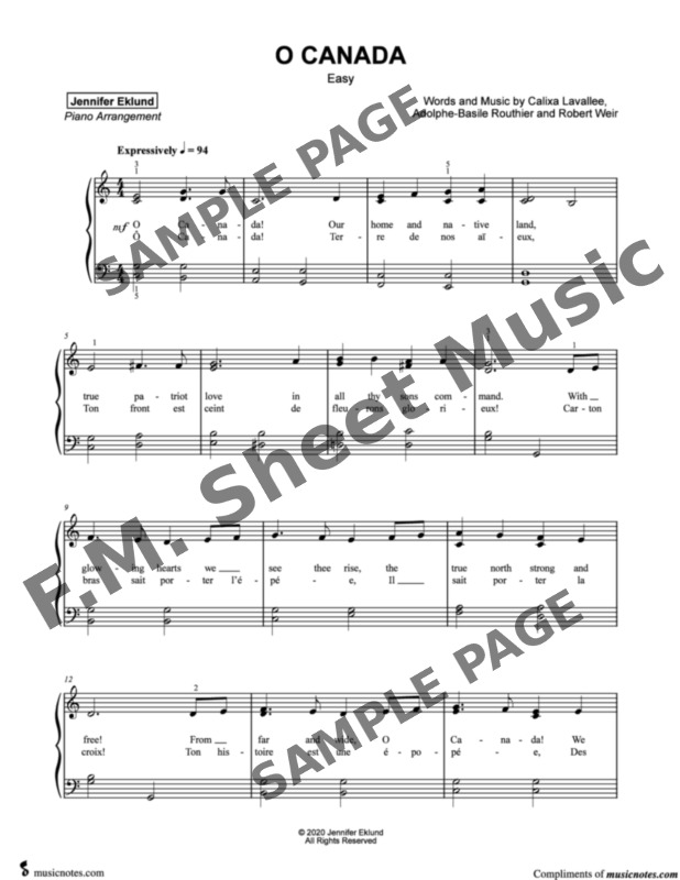 O Canada (Easy Piano) By - F.M. Sheet Music - Pop Arrangements by ...