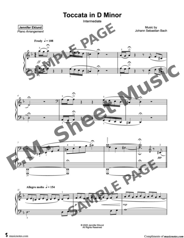 Toccata in D (Intermediate Piano) By - F.M. Sheet Music - Pop ...