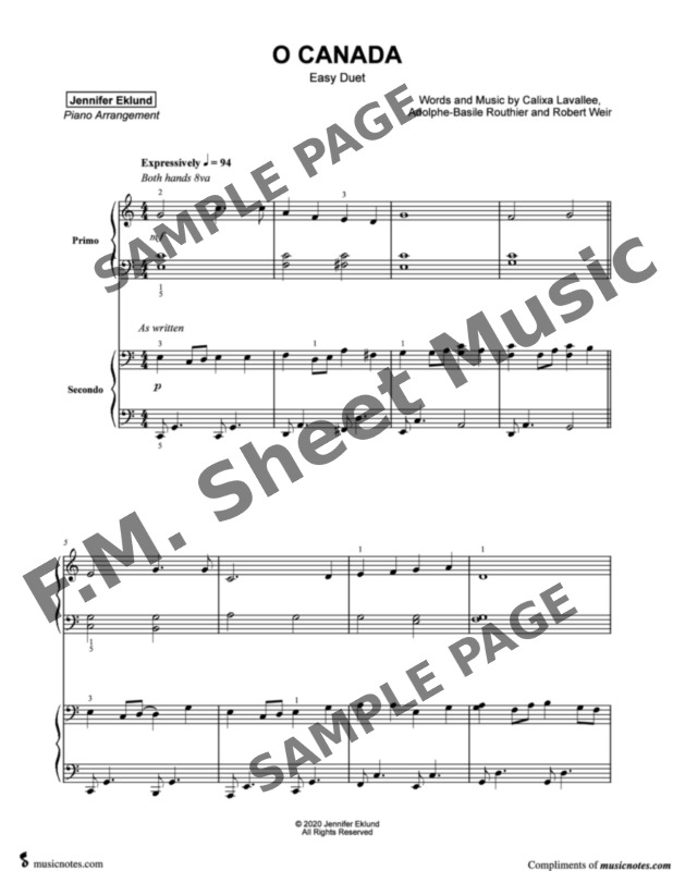 O Canada (Easy Piano Duet) By - F.M. Sheet Music - Pop Arrangements by ...