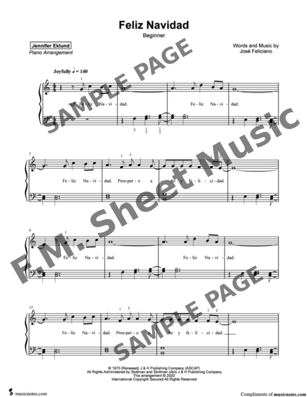 Feliz Navidad (Beginners) By Jose Feliciano - F.M. Sheet Music - Pop ...