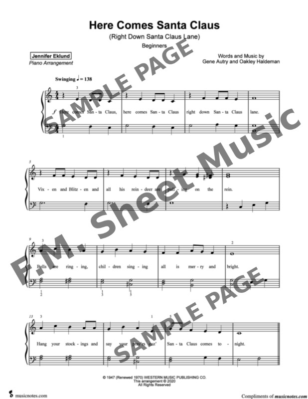 Here Comes Santa Claus (Beginners) By Gene Autry - F.M. Sheet Music ...