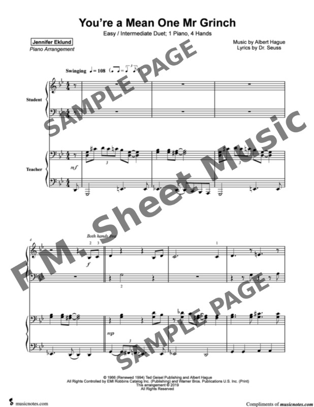 You're A Mean One, Mr. Grinch (Easy Piano with Teacher Duet) By Thurl ...