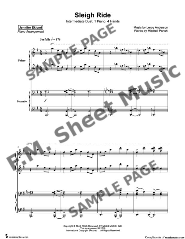 Sleigh Ride (Intermediate Duet) By Johnny Mathis - F.M. Sheet Music ...