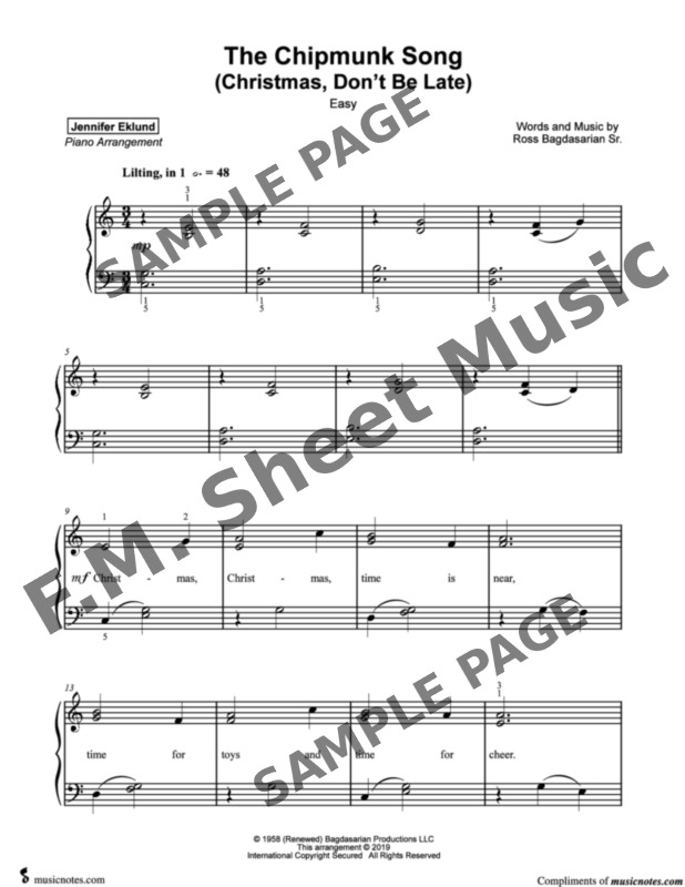 The Chipmunk Song (Christmas Don't Be Late) (Easy Piano) By Alvin & The ...