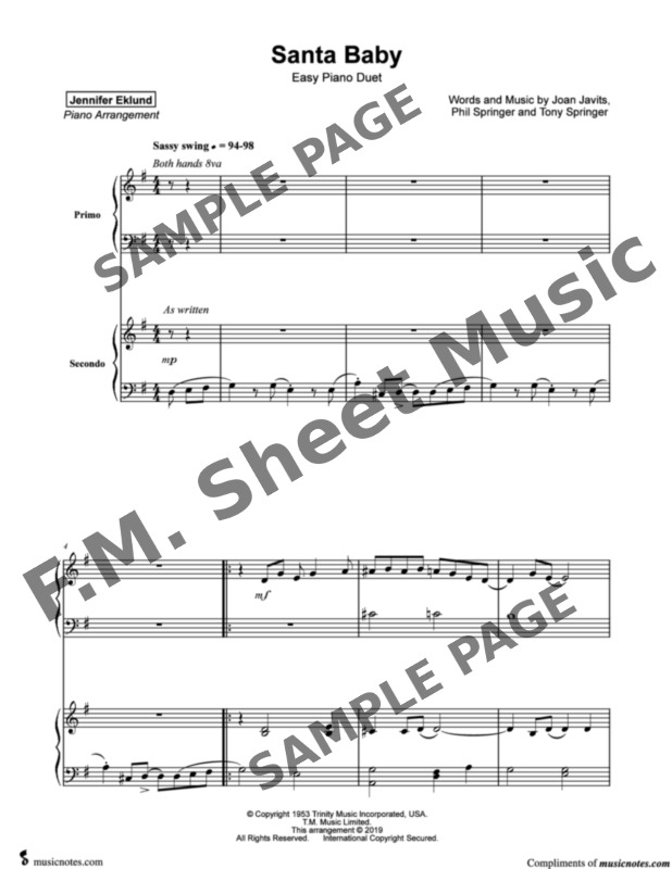 Santa Baby (Early Intermediate Duet) By Eartha Kitt - F.M. Sheet Music ...