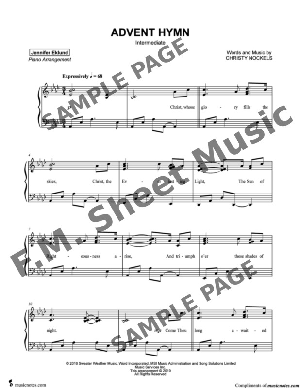 Advent Hymn (Intermediate Piano) By Christy Nockels - F.M. Sheet Music ...