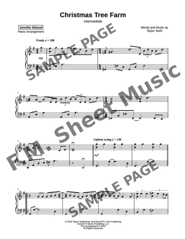 Christmas Tree Farm (Intermediate Piano) By Taylor Swift - F.M. Sheet ...