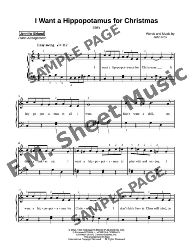I Want a Hippopotamus for Christmas (Easy Piano) By Gayla Peevey - F.M ...
