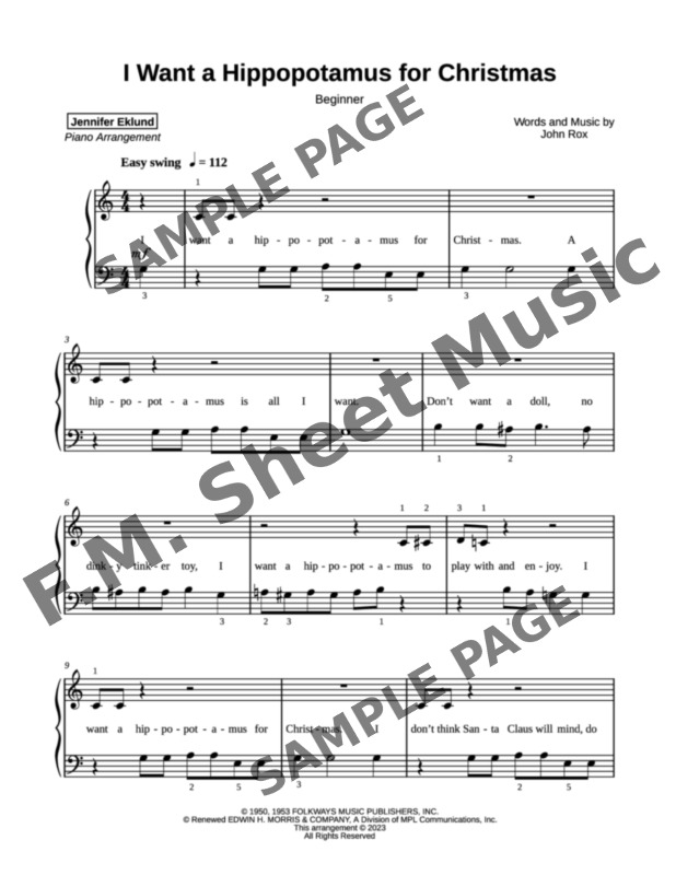 I Want a Hippopotamus for Christmas (Beginner Piano) By Gayla Peevey ...