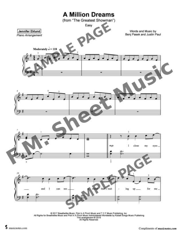 A Million Dreams (Easy Piano) By The Greatest Showman - F.M. Sheet ...