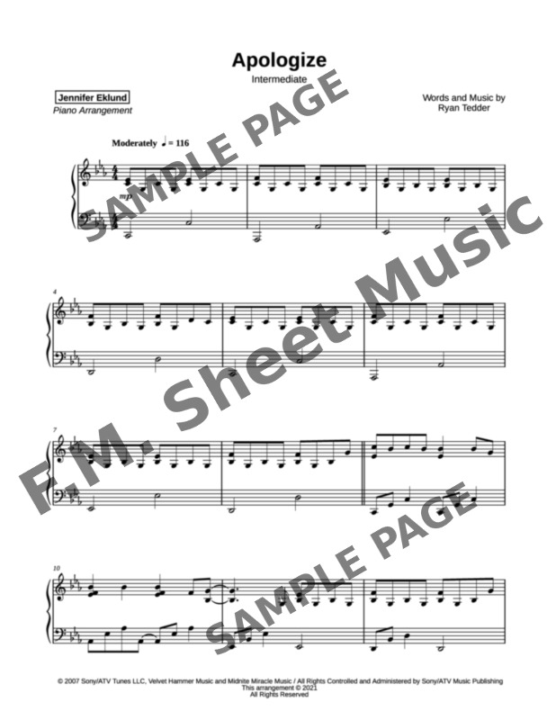 Apologize (Intermediate Piano) By OneRepublic - F.M. Sheet Music - Pop ...