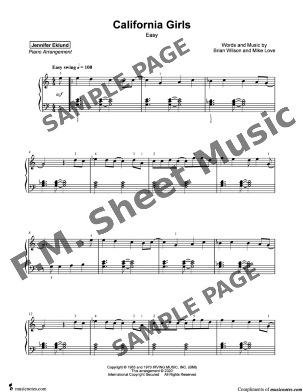 California Girls (Easy Piano) By The Beach Boys - F.M. Sheet Music ...