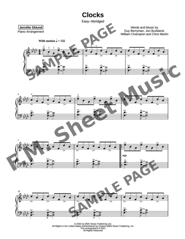 Clocks (Easy Piano: Original Key) By Coldplay - F.M. Sheet Music - Pop ...