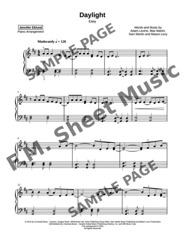 Daylight (Easy Piano) By Maroon 5 - F.M. Sheet Music - Pop Arrangements ...