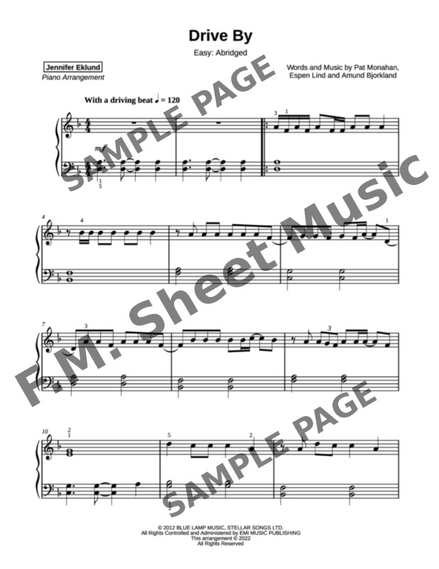 Drive By (Easy Piano) By Train - F.M. Sheet Music - Pop Arrangements by ...