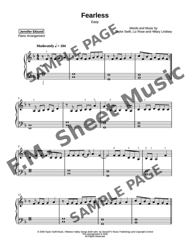 Fearless (Easy Piano) By Taylor Swift - F.M. Sheet Music - Pop ...