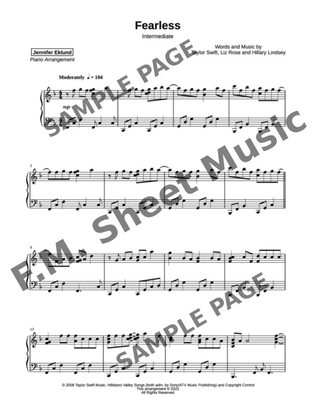 Fearless (Intermediate Piano) By Taylor Swift - F.M. Sheet Music - Pop ...