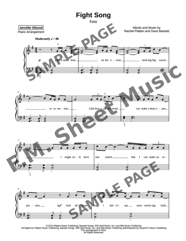 Fight Song (Easy Piano) By Rachel Platten - F.M. Sheet Music - Pop ...