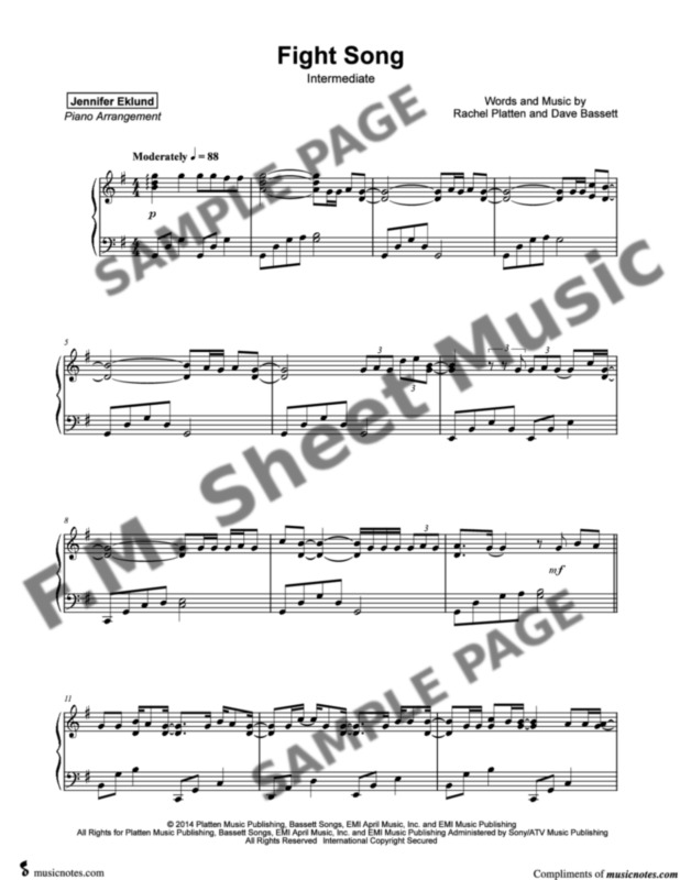 Fight Song (Intermediate Piano) By Rachel Platten - F.M. Sheet Music ...