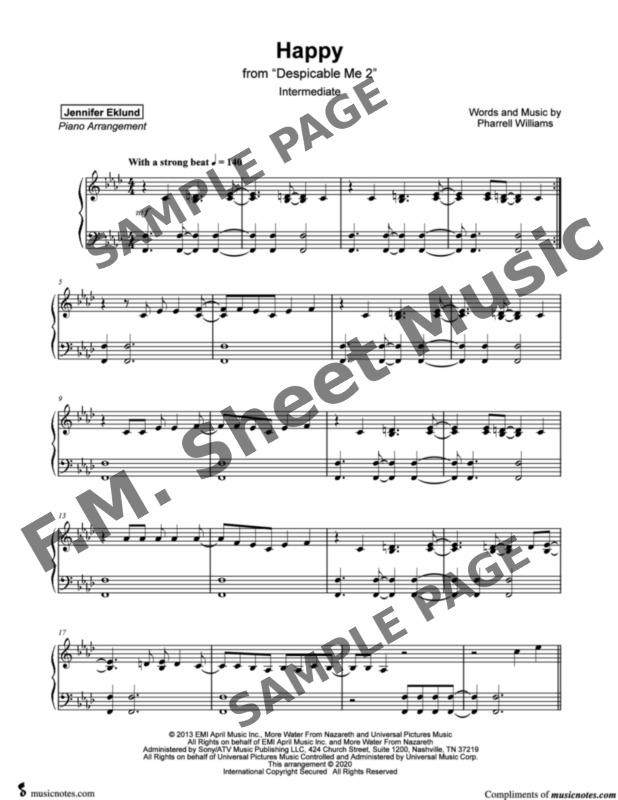 Happy (Intermediate Piano) By Pharrell Williams - F.M. Sheet Music ...