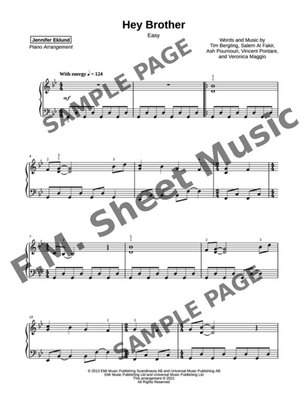 Hey Brother (Easy Piano) By Avicii - F.M. Sheet Music - Pop ...