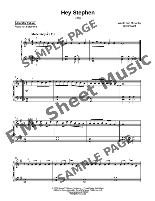 Hey Stephen (Easy Piano) By Taylor Swift - F.M. Sheet Music - Pop ...
