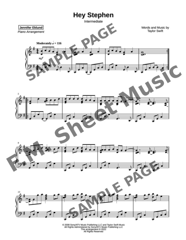 Hey Stephen (Intermediate Piano) By Taylor Swift - F.M. Sheet Music ...