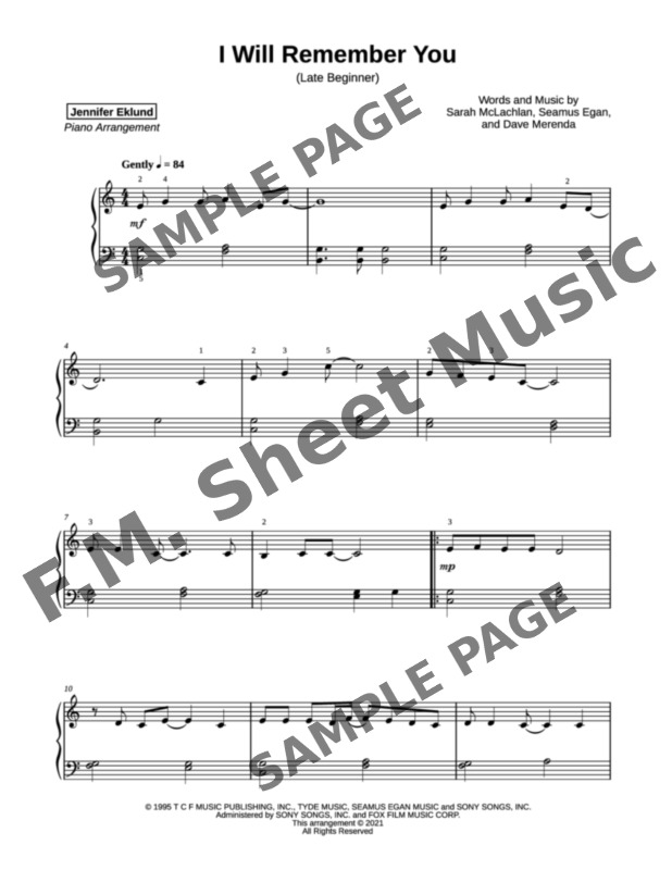 I Will Remember You (Late Beginner Piano) By Sarah McLachlan - F.M ...