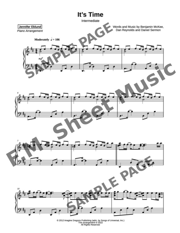 It's Time (Intermediate Piano) By Imagine Dragons - F.M. Sheet Music ...