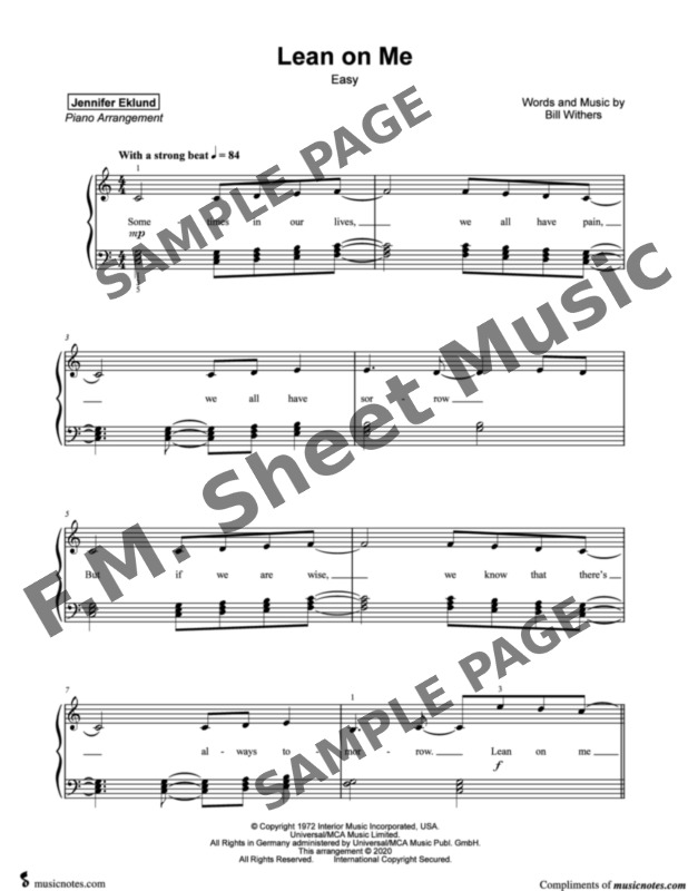 Lean On Me (Easy Piano) By Bill Withers - F.M. Sheet Music - Pop ...