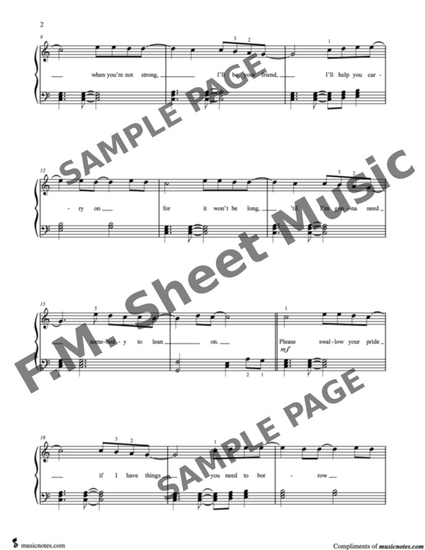 Lean On Me (Easy Piano) By Bill Withers - F.M. Sheet Music - Pop ...