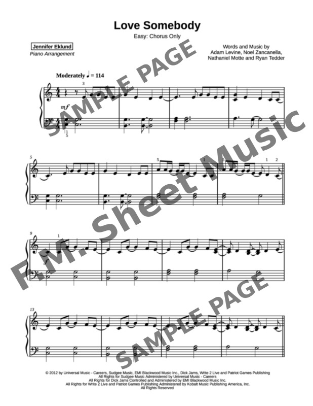 Love Somebody (Easy Piano) By Maroon 5 - F.M. Sheet Music - Pop ...