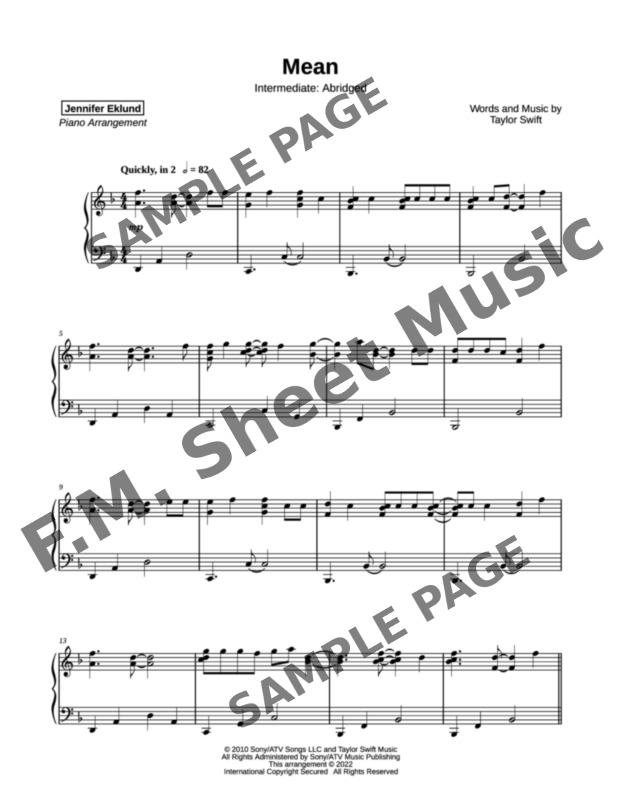Mean (Intermediate Piano) By Taylor Swift - F.M. Sheet Music - Pop ...