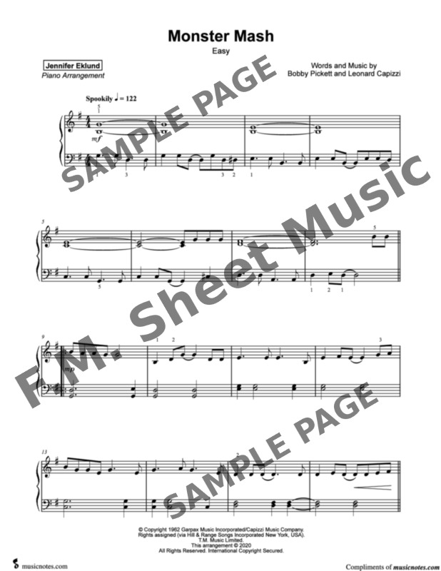 Monster Mash (Easy Piano) By Bobby Pickett - F.M. Sheet Music - Pop ...