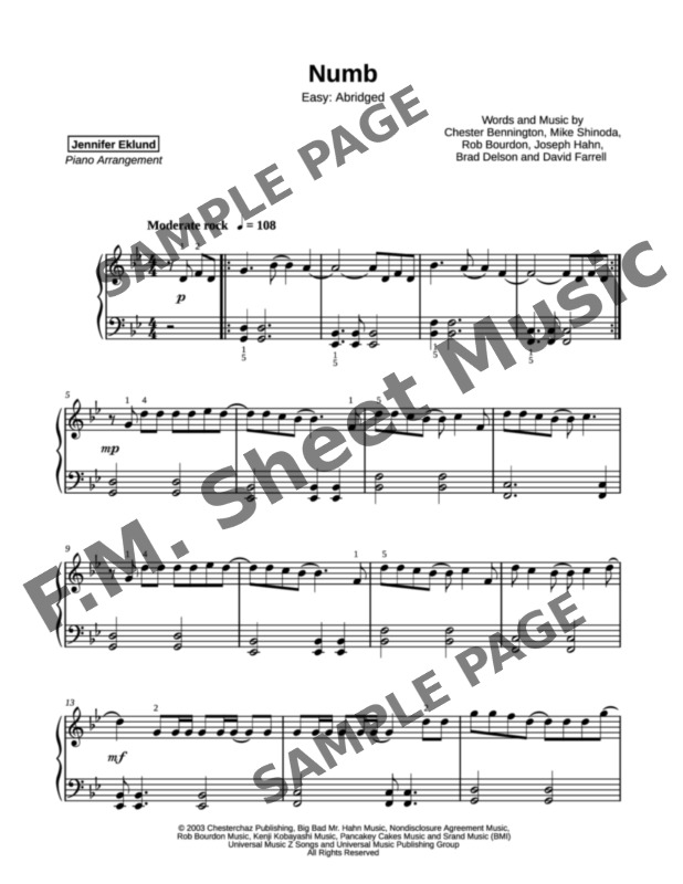 Numb (Easy Piano) By Linkin Park - F.M. Sheet Music - Pop Arrangements ...