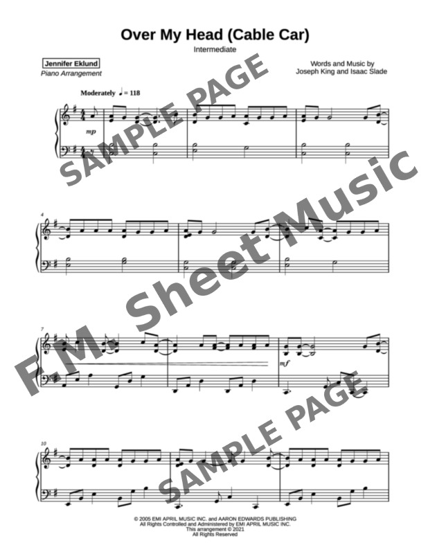 Over My Head (Cable Car) (Intermediate Piano) By The Fray - F.M. Sheet ...