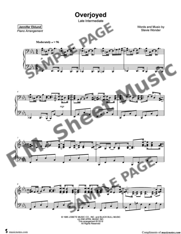 Overjoyed (Late Intermediate Piano) By Stevie Wonder - F.M. Sheet Music ...