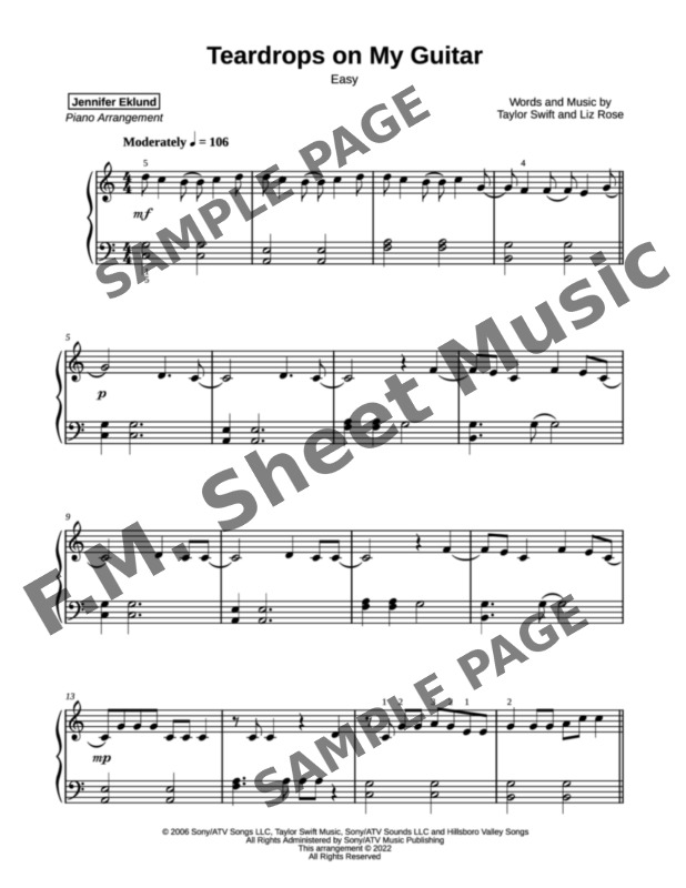 Teardrops On My Guitar (Easy Piano) By Taylor Swift - F.M. Sheet Music ...