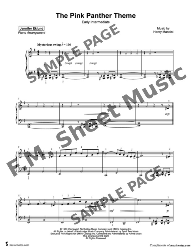 The Pink Panther Theme (Easy Piano) By Henry Mancini - F.M. Sheet Music ...