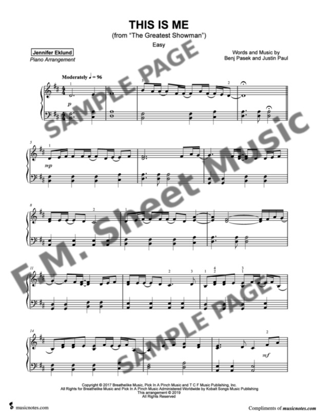 This Is Me (Easy Piano) By The Greatest Showman - F.M. Sheet Music ...