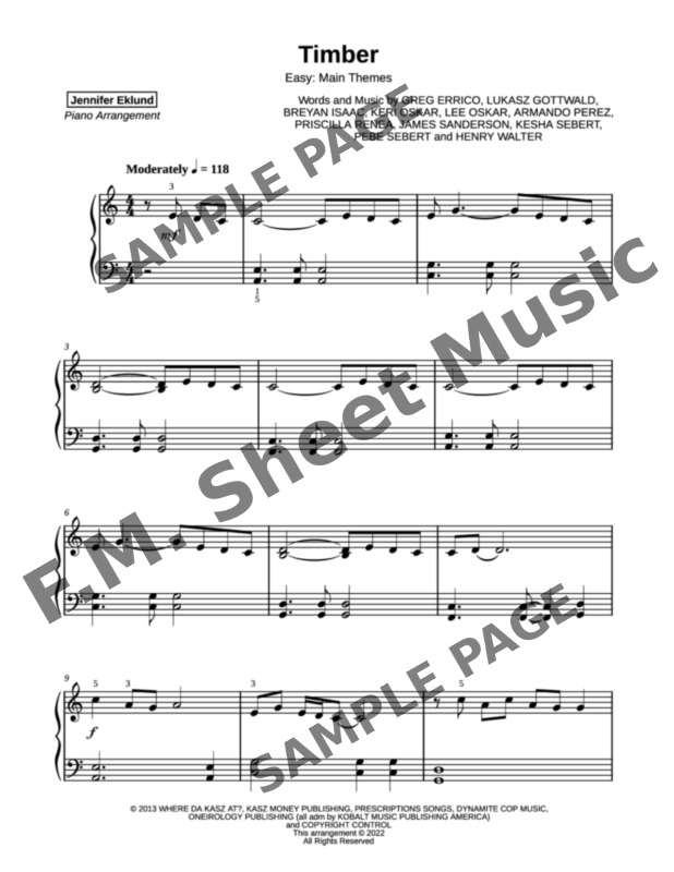 Timber (Easy Piano) By Pitbull - F.M. Sheet Music - Pop Arrangements by ...