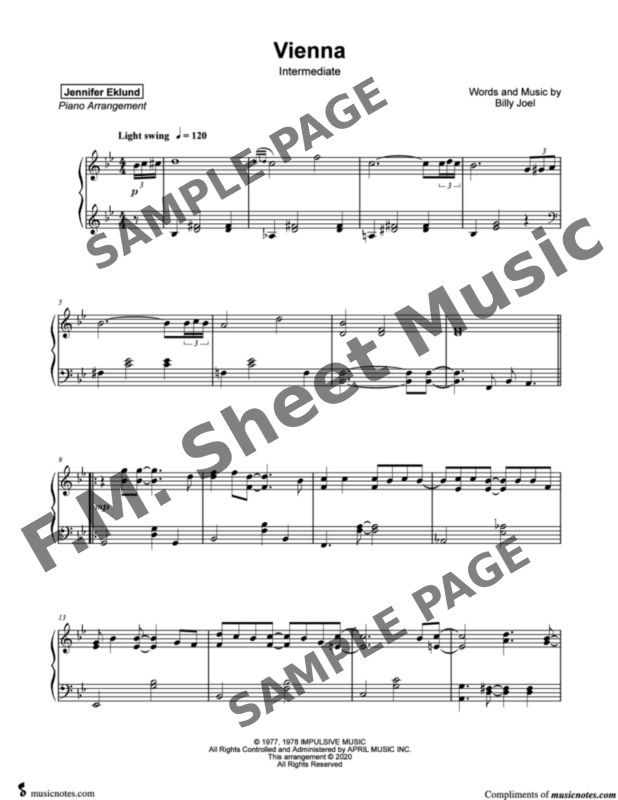 Vienna (Intermediate Piano) By Billy Joel - F.M. Sheet Music - Pop ...