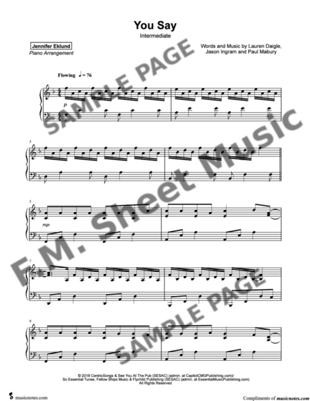 You Say (Intermediate Piano) By Lauren Daigle - F.M. Sheet Music - Pop ...