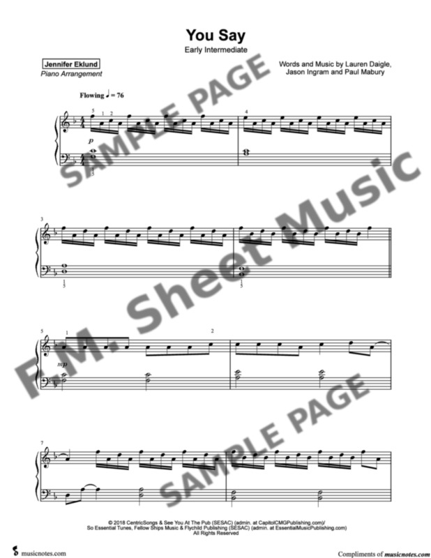 You Say (Early Intermediate Piano) By Lauren Daigle - F.M. Sheet Music ...
