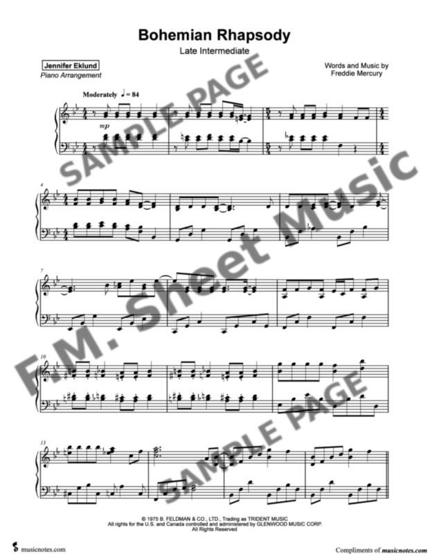 Bohemian Rhapsody (Late Intermediate Piano) By Queen - F.M. Sheet Music ...