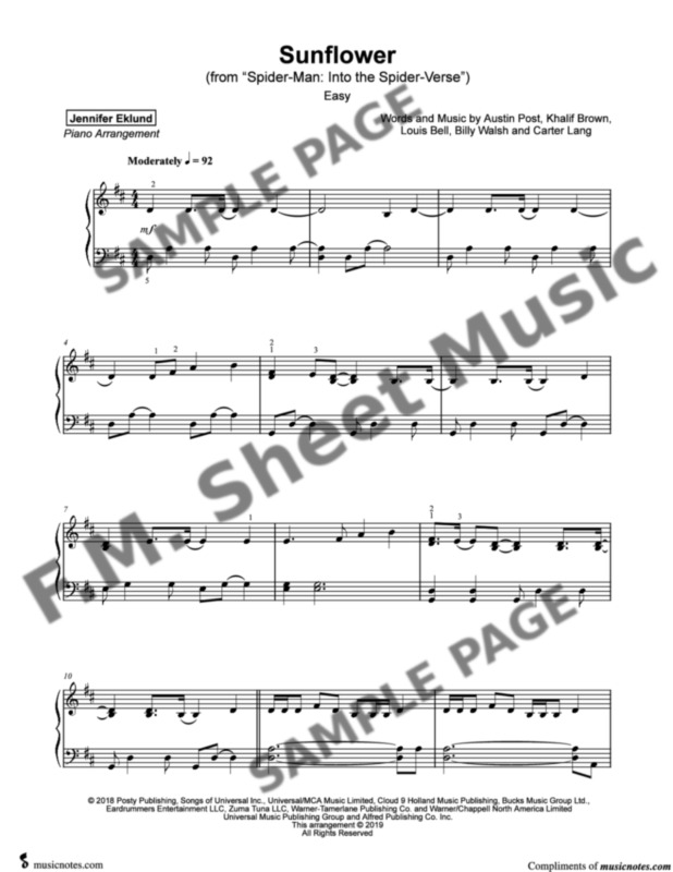Sunflower (from Spider-Man: Into the Spider-Verse) (Easy Piano) By Post ...